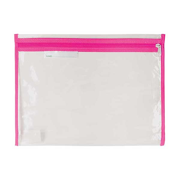 POLYKING SCHOOL CLEAR LIBRARY BAG WITH ZIP 36 X 27CM PINK - Trefoil
